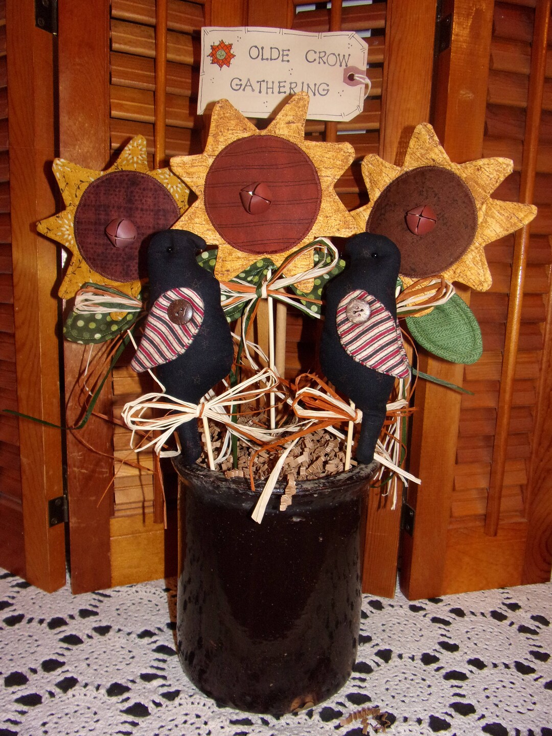 Primitive Country Fall Autumn Shabby Chic Bouquet of SUNFLOWERS & CROWS ...