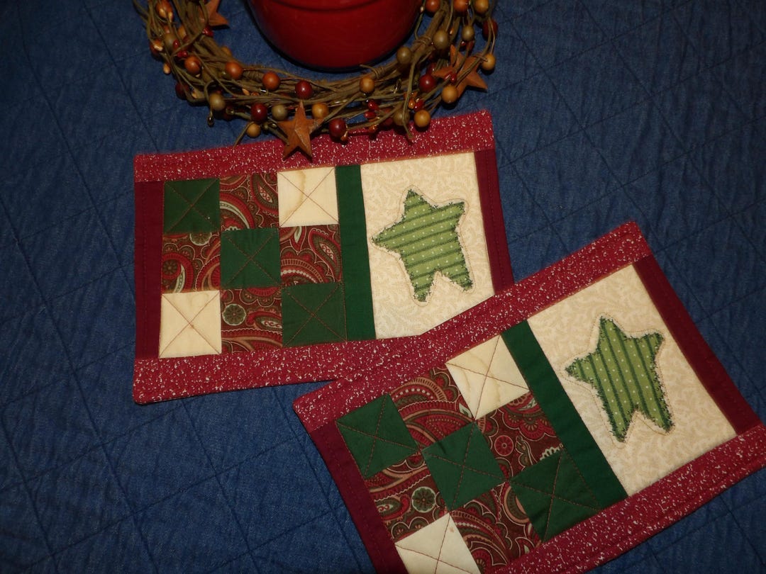 CHRISTMAS STARS Mug Mats Prim Farmhouse Scrappy Quilted Country Kitchen ...