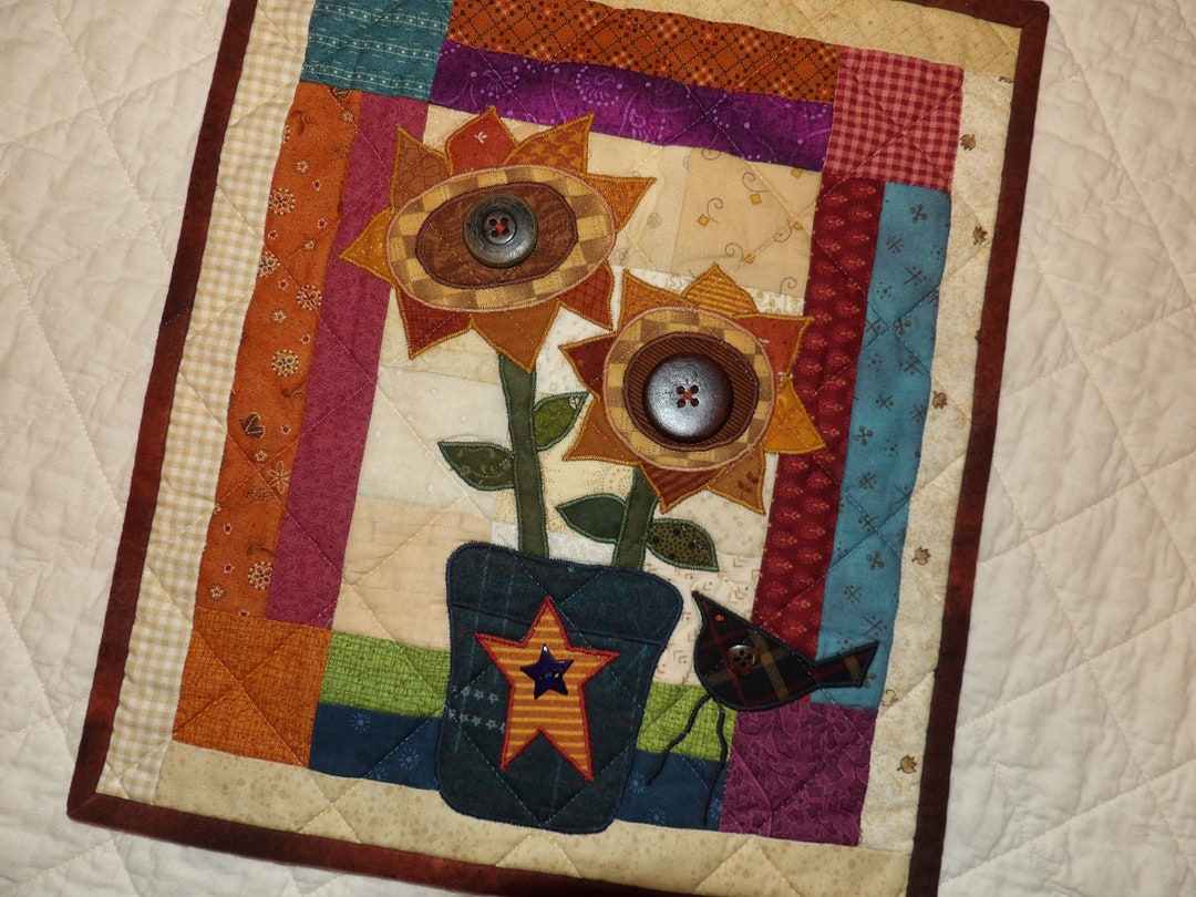 Primitive SUNFLOWERS With Crow and Star Pot Patchwork Keepsake Quilt ...