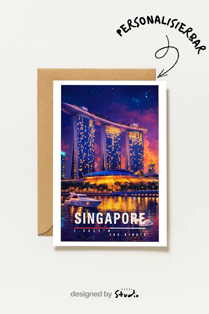 Singapore Greeting Card at Night | Modern Travel Greeting Card With ...