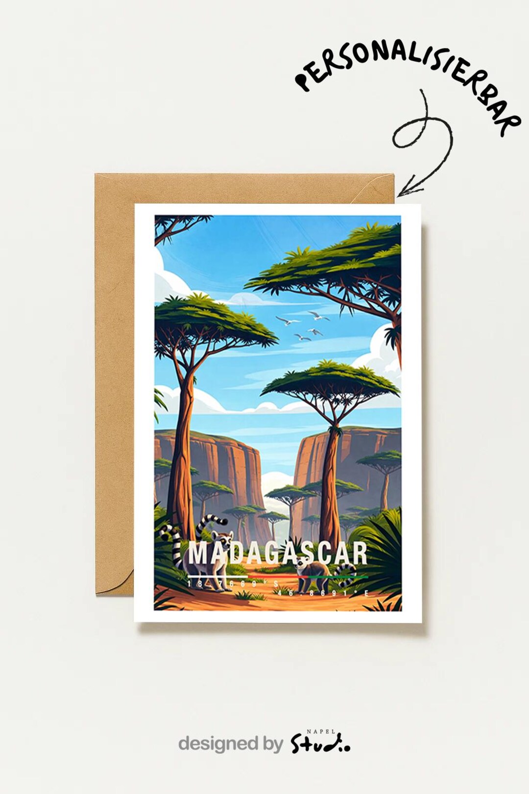 Madagascar Greeting Card, Animal Greeting Card With Lemurs, Nature Card ...