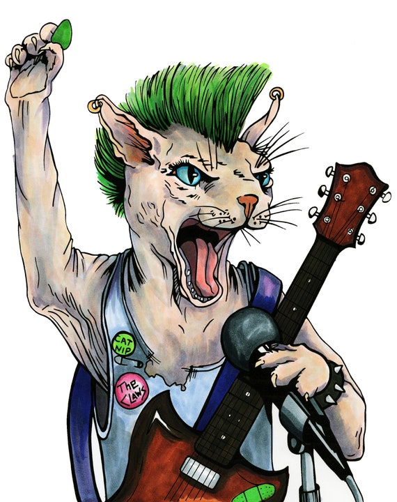 Punk Sphynx Cat Print Drawing Rock Guitar Cat Wall Art | Etsy