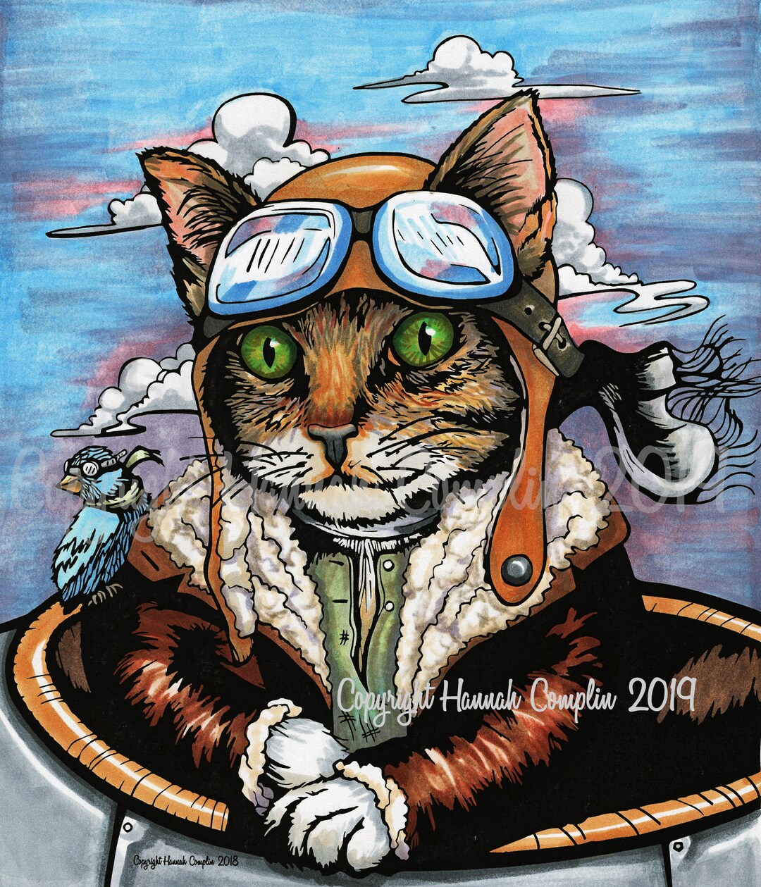 Pilot Cat Digital Print, Cat Drawing, Cat Wall Art, Pop Art Amelia ...