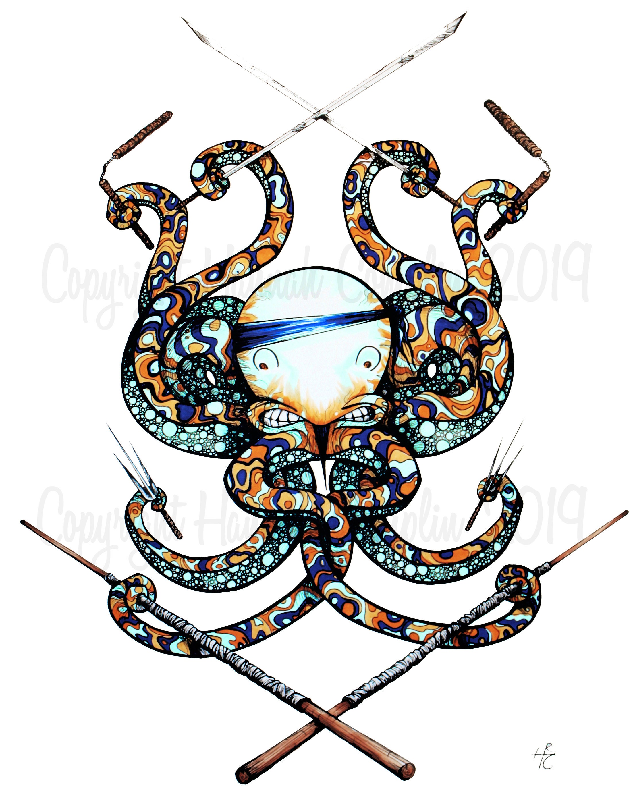 Ninja Octopus Cartoon Drawing Giclee Print, Ink Artwork of a Ringed ...