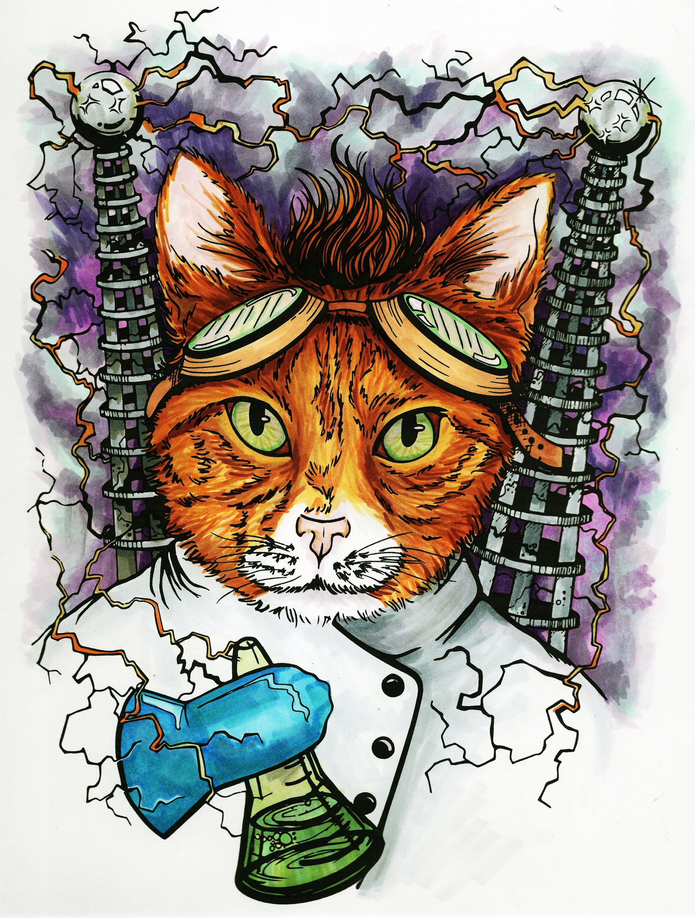 Mad Scientist Cat Digital Print, Cat Drawing, Sci-fi Cat Wall Art, Cat ...