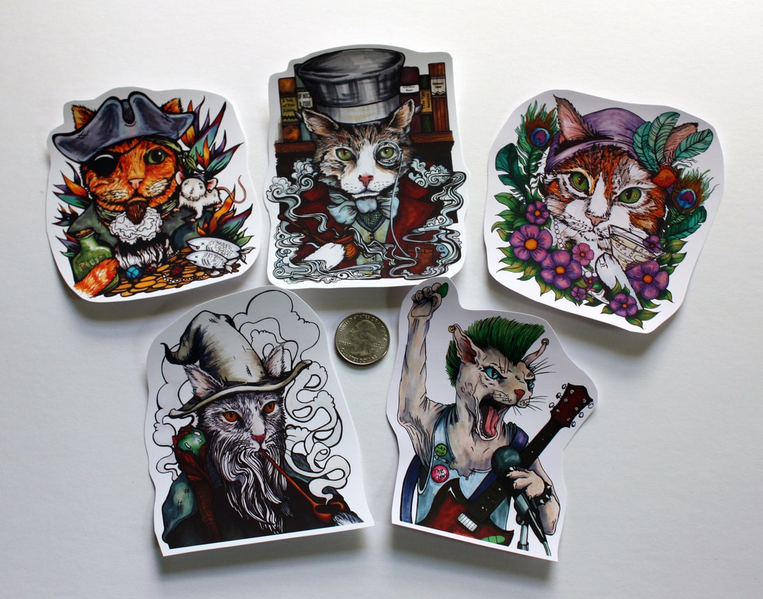 Cat Sticker Pop Art Pirate Kitty, Top Hat, Punk Rock, Flapper, Wizard ...