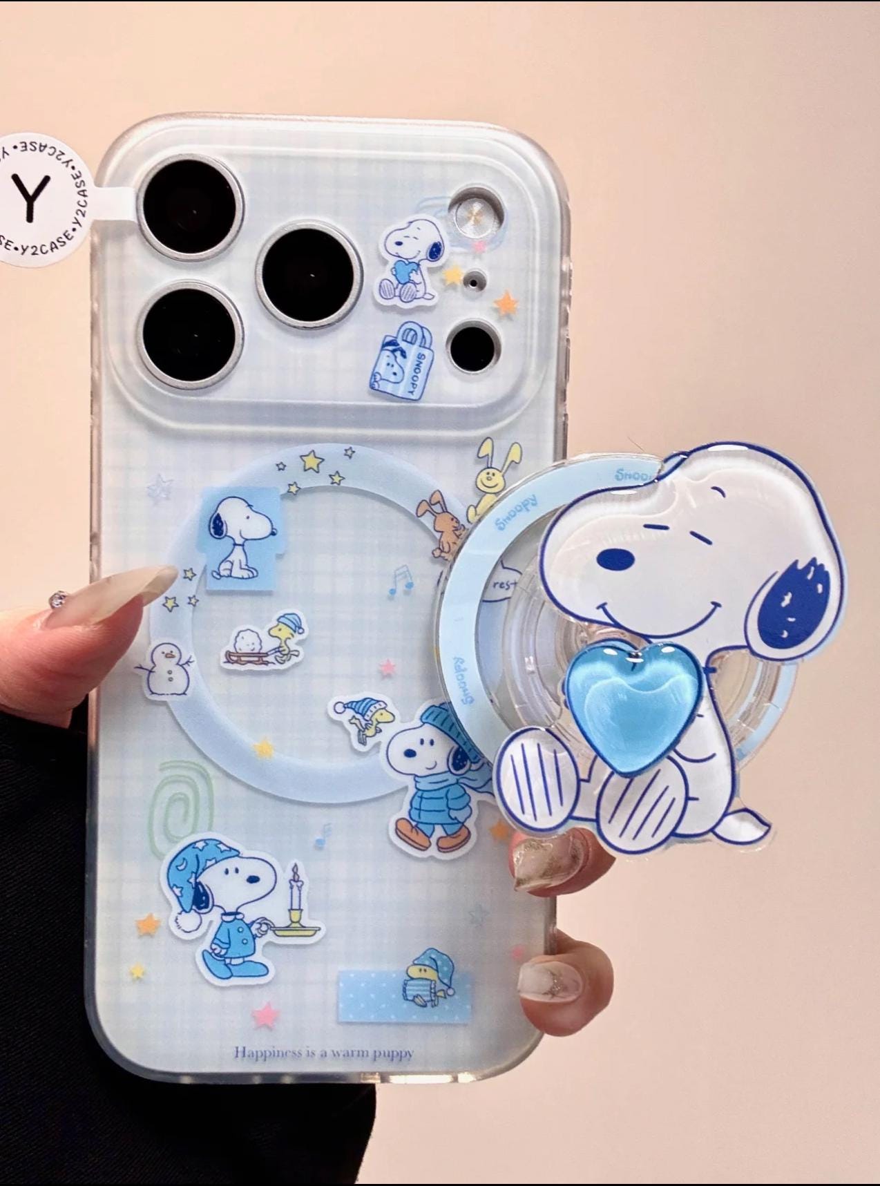 Cute Snoopy Magsafe Case With Heart Grip & Charm, Blue Checkered Cover ...