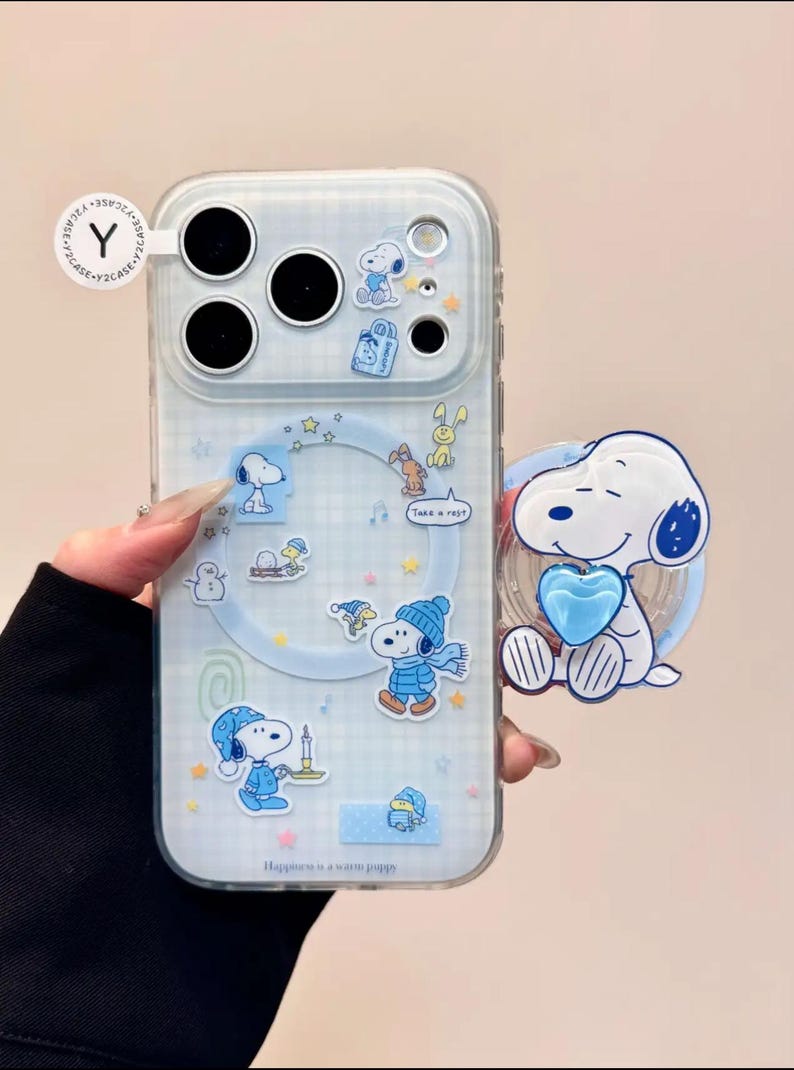 Cute Snoopy Magsafe Case With Heart Grip & Charm, Blue Checkered Cover ...
