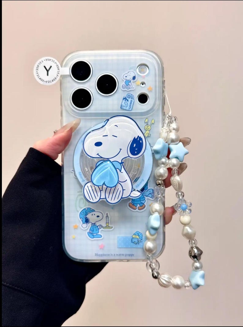 Cute Snoopy Magsafe Case With Heart Grip & Charm, Blue Checkered Cover ...