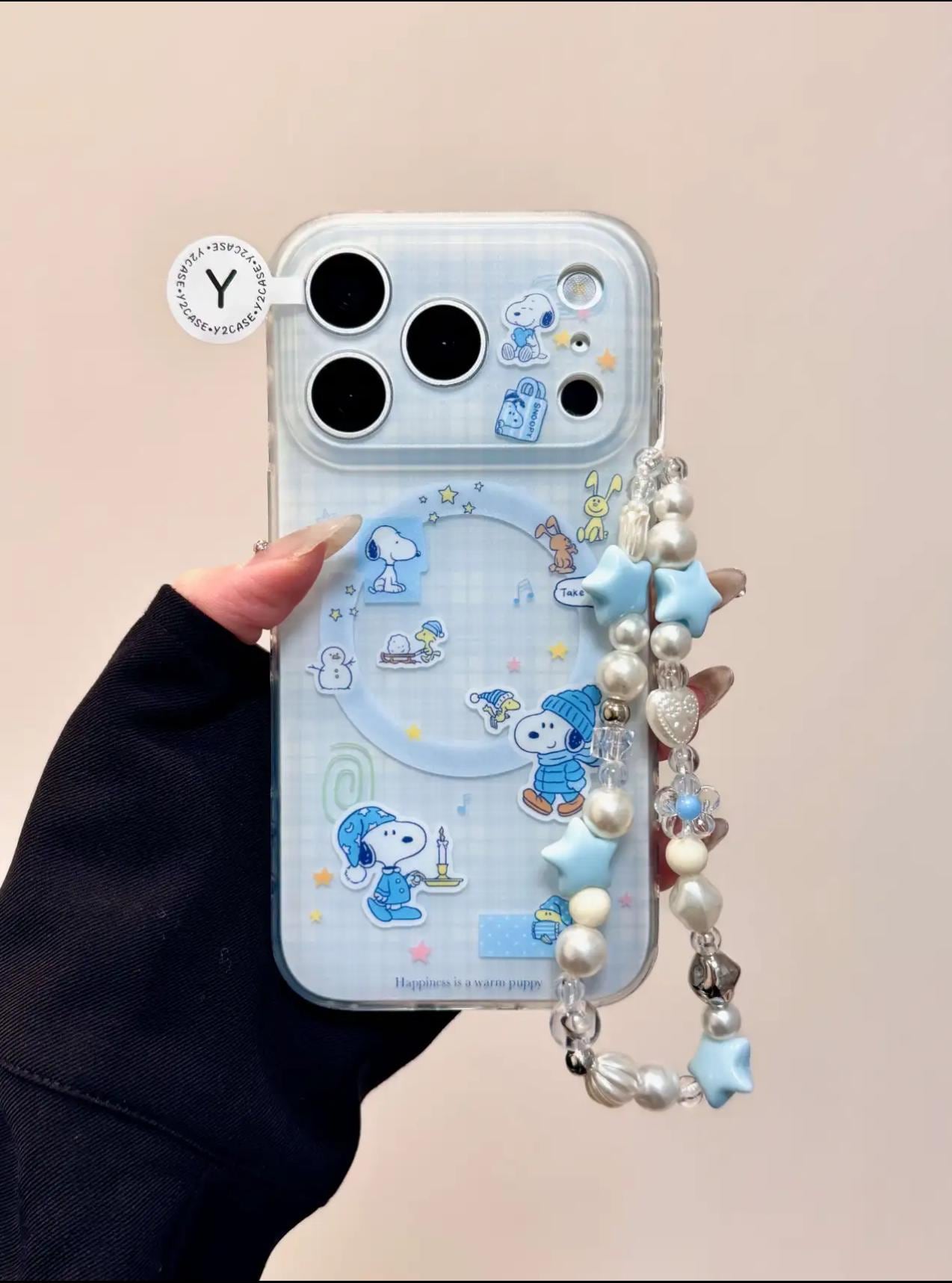 Cute Snoopy Magsafe Case With Heart Grip & Charm, Blue Checkered Cover ...