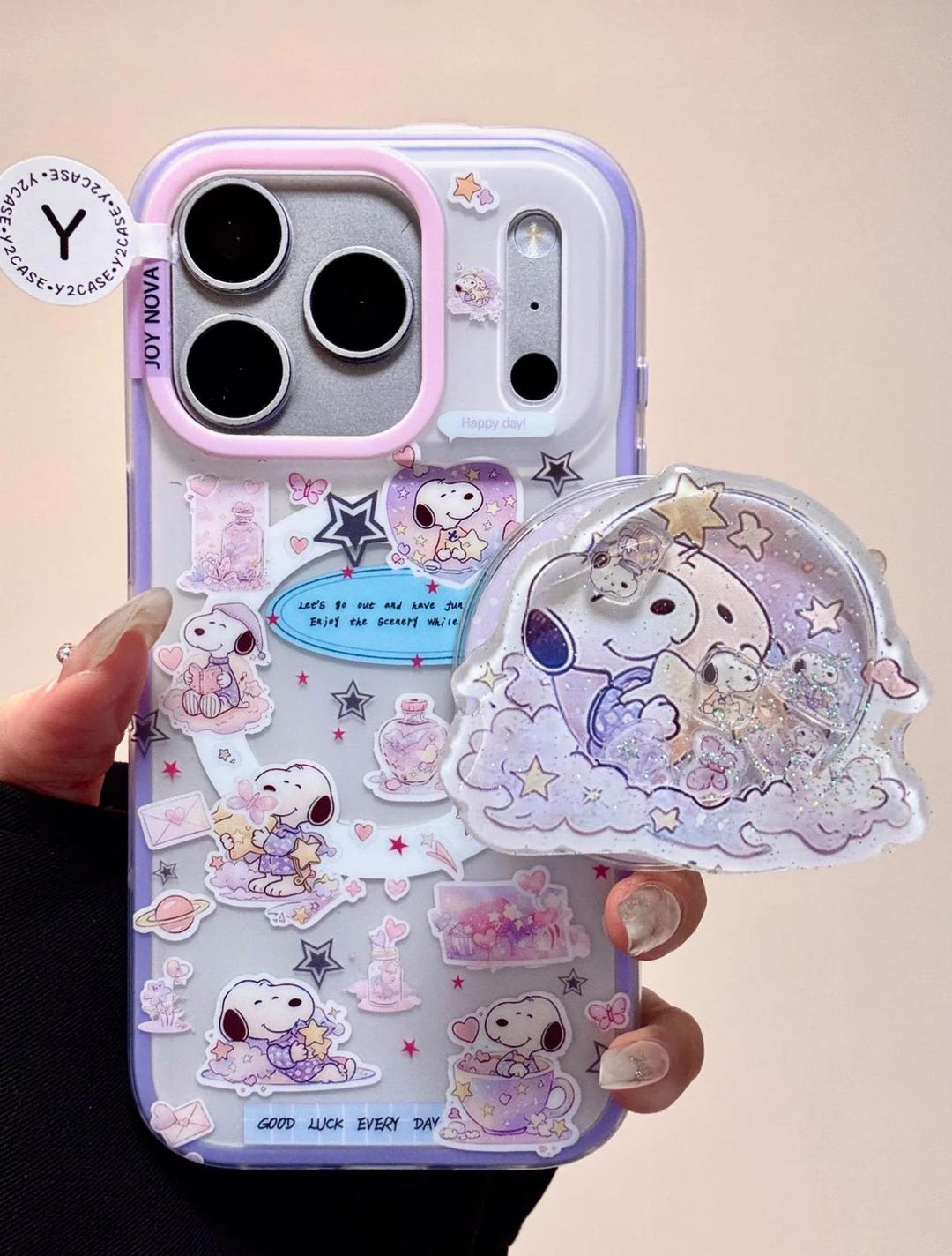 Cute Snoopy Magsafe Case W/ Shaker Grip Charm, Purple Glitter Cover ...