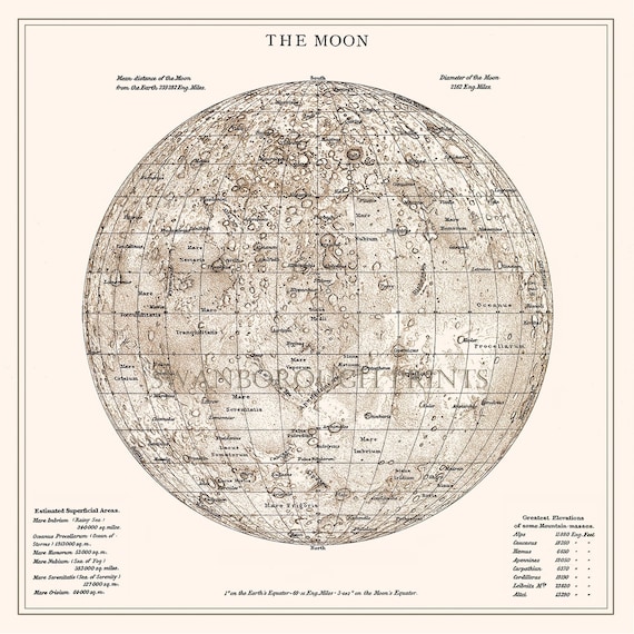 Map of the Moon Art Print Detailed Moon Print Showing and | Etsy