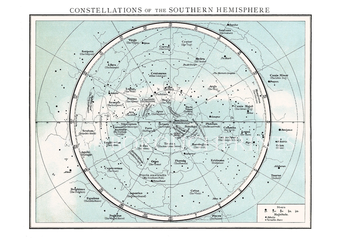 Southern Hemisphere Constellations Map, Astronomy Print Taken From an ...