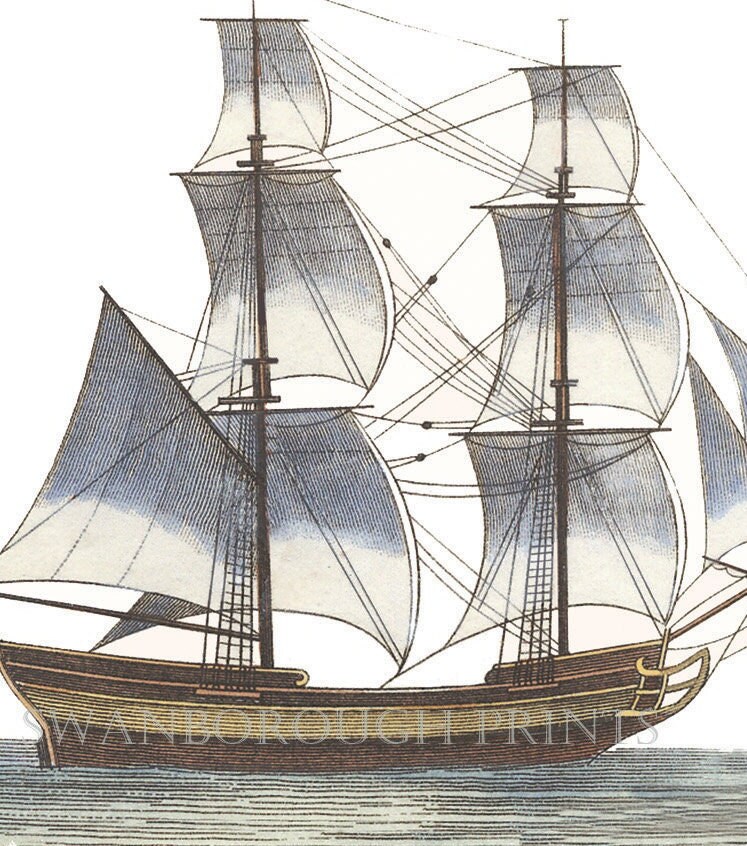 Marine Drawing Sailing Ship in Full Sail. Coastal Print on Watercolour ...