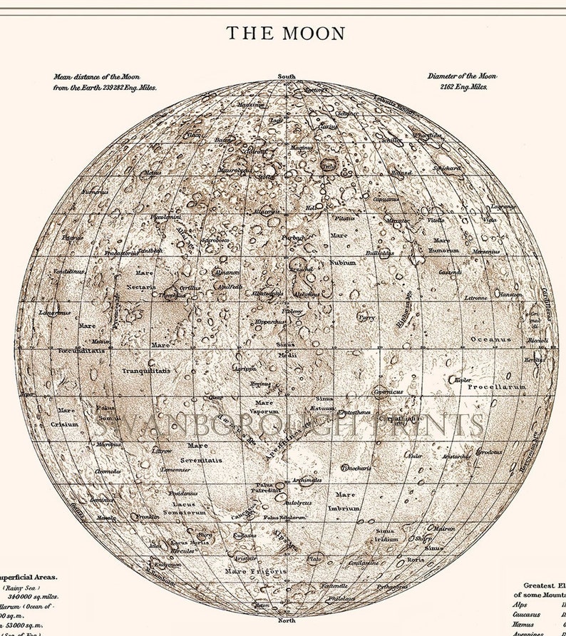 Map of the Moon Art Print, Detailed Moon Print Showing and Naming the ...