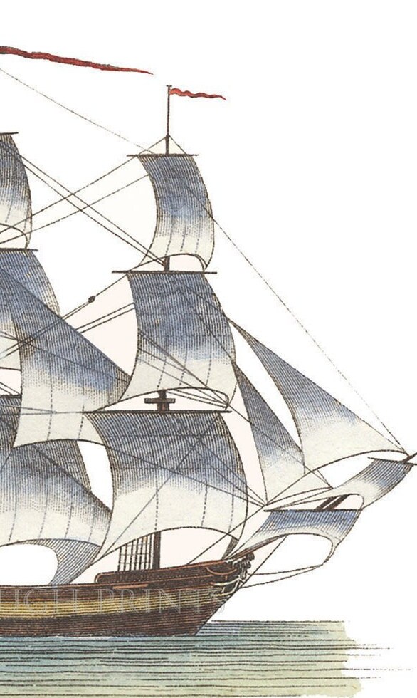 Marine Drawing Sailing Ship in Full Sail. Coastal Print on | Etsy