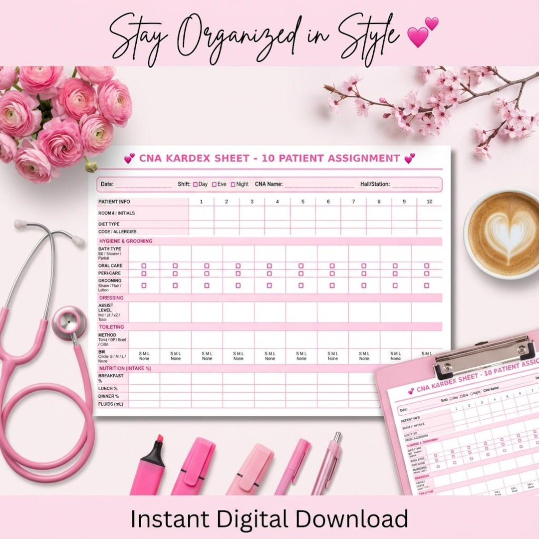 CNA Kardex Sheet - 10 Patient Assignment | Cute Pink ADL Documentation ...