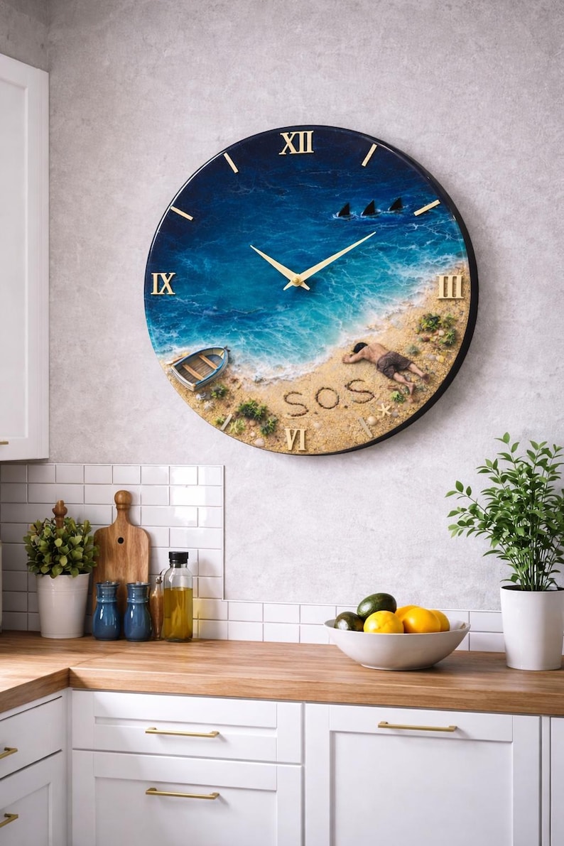 Handmade Ocean Epoxy Resin Wall Clock 50cm – Coastal Beach Art Clock ...