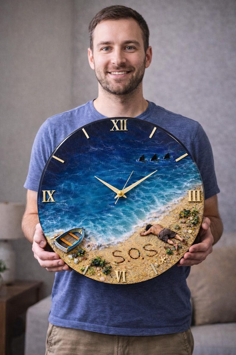 Handmade Ocean Epoxy Resin Wall Clock 50cm – Coastal Beach Art Clock ...