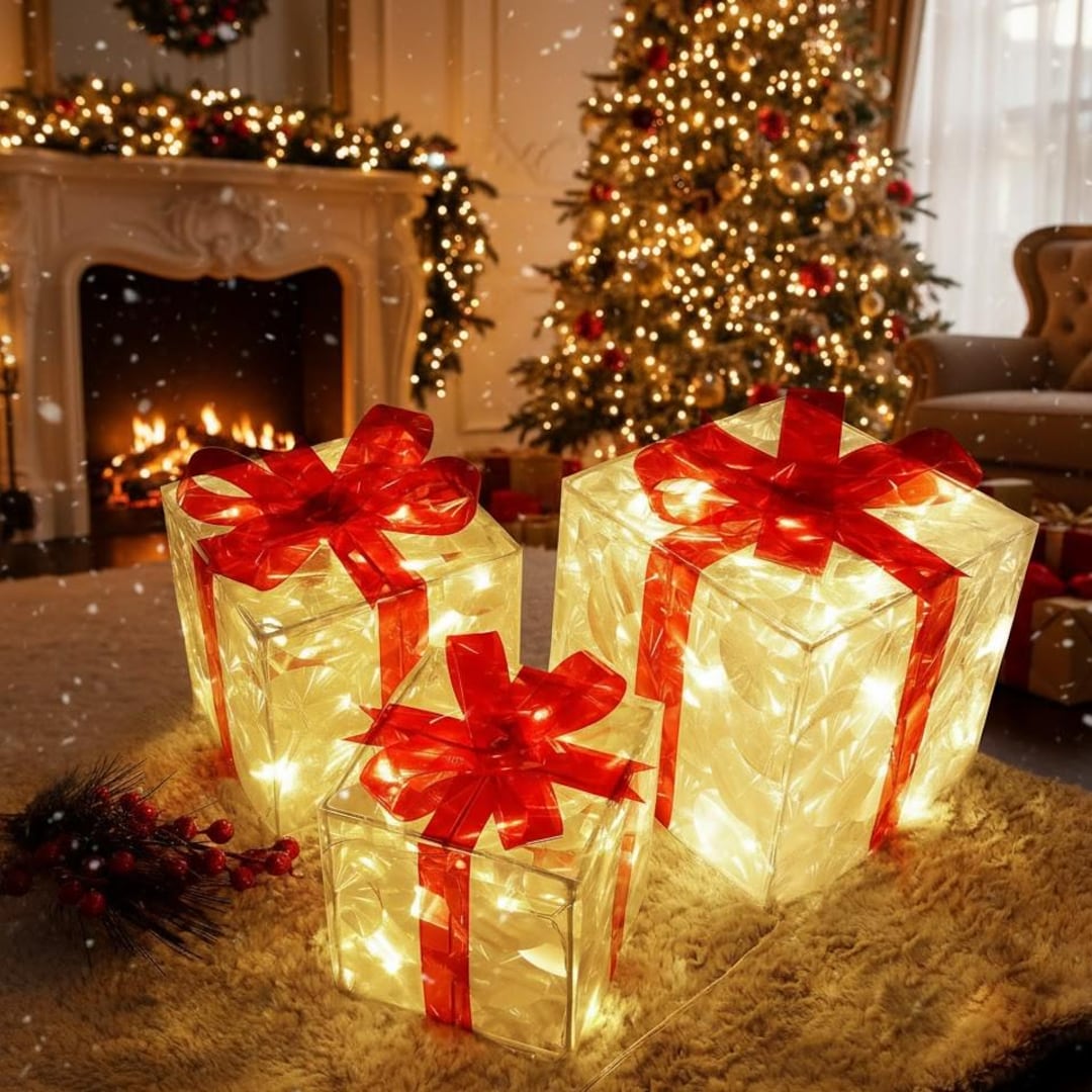 Lighted Christmas Gift Boxes Set of 3, Warm White LED Present ...
