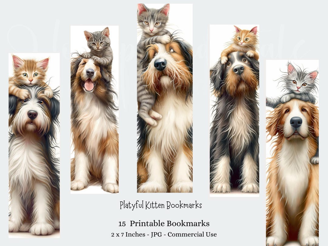Dog and Kitten Bookmarks, Playful Animal Art Digital Download - Etsy