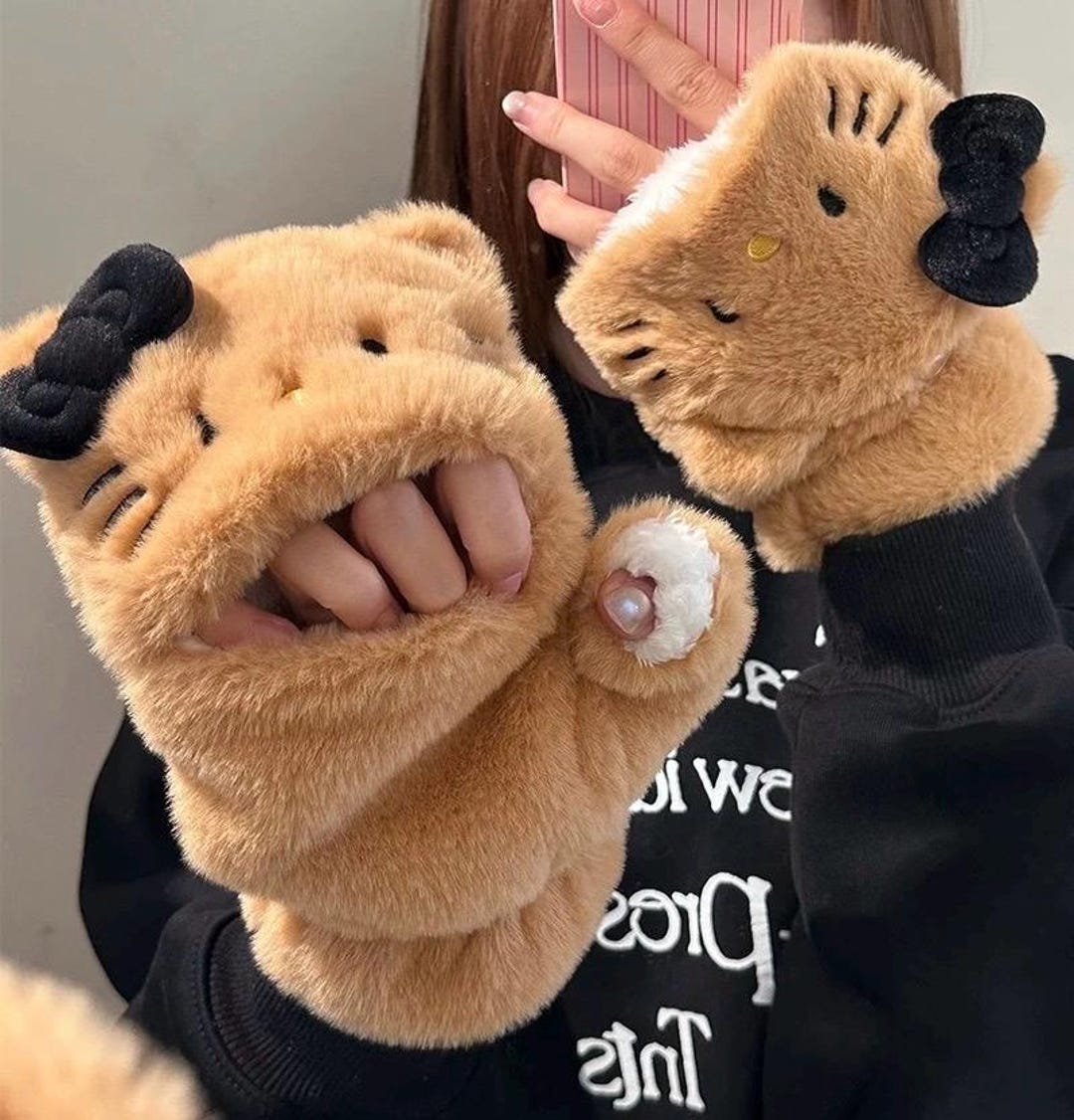 Kawaii Tan Hello Kitty Plush Mittens - Furry Cat Paw Gloves - Etsy