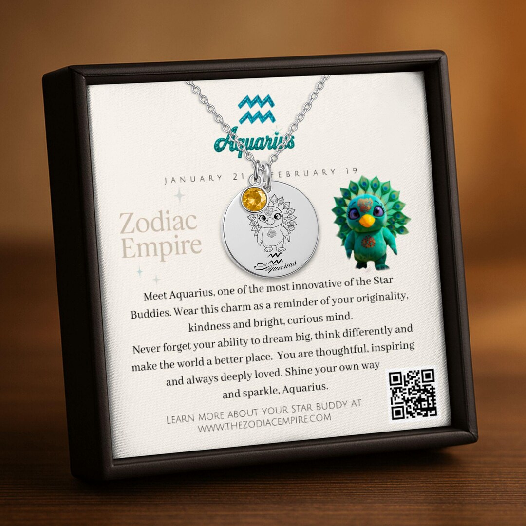 Aquarius Cosmic Charm Zodiac Coin Necklace With Birthstone - Etsy