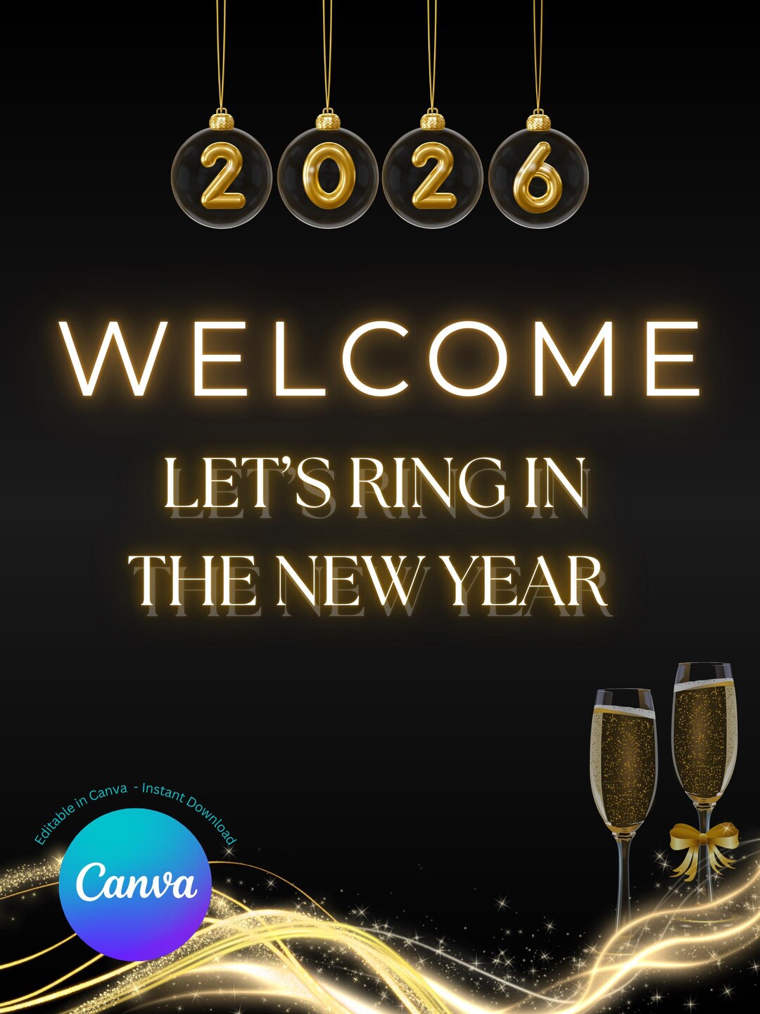 Black & Gold New Year Welcome Sign 2026 | Editable Canva Template ...