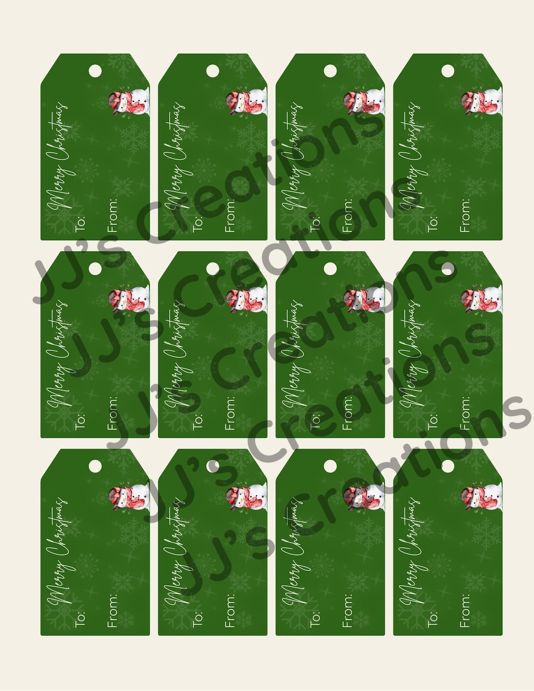 Printable Green Snow Man Gift Tags (digital Download) - Etsy