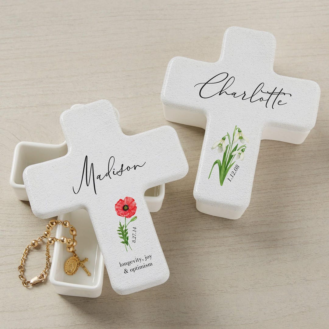 Birth Month Flower Personalized Cross Box, First Communion Gifts ...