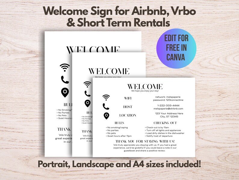 Modern Editable Simple Welcome Sign Airbnb Vrbo Short Term Rental ...