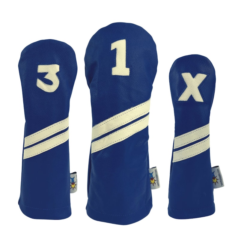 Blue and White Leather Golf Headcover Set - Driver, Fairway, & Hybrid ...