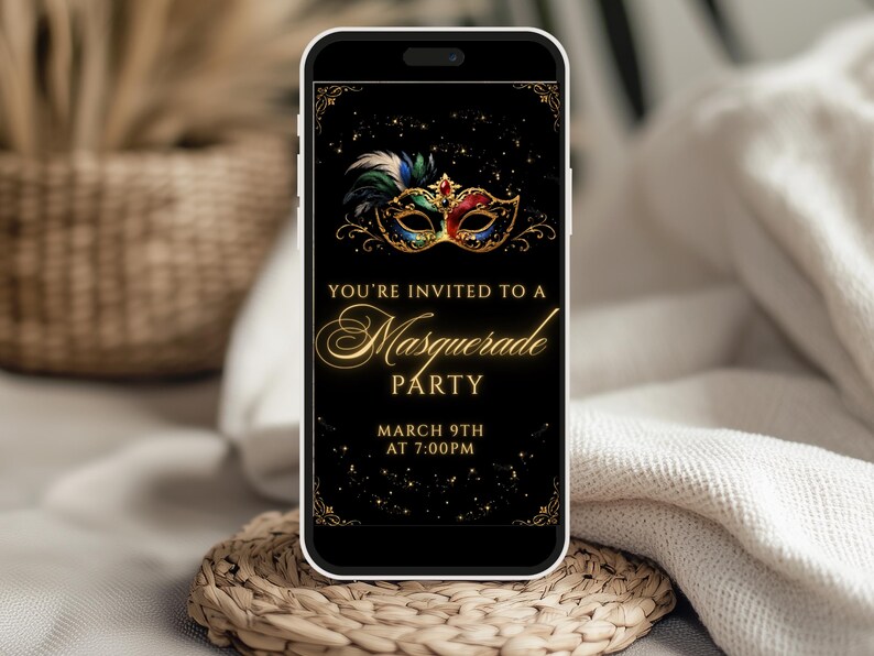 Editable Animated Masquerade Ball Invite | Masked Party Black Tie ...