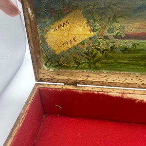 1908 Christmas Flemish Art Box W Hand Painted Scene Inside Pyrography ...