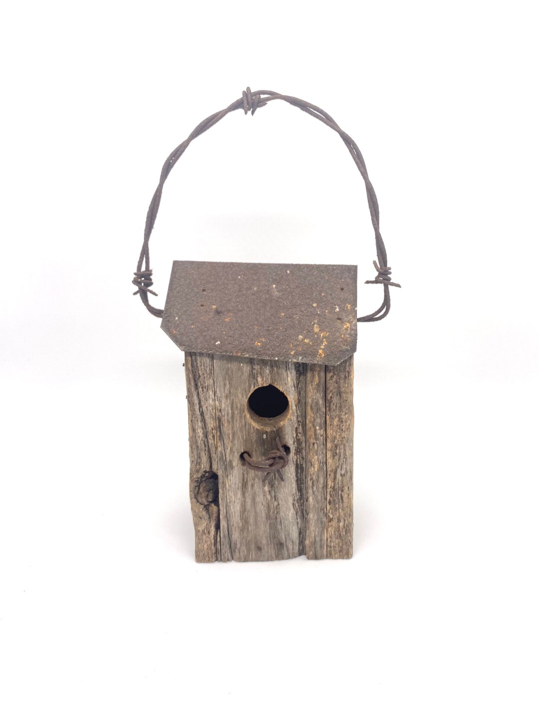 Birdhouse W Rustic Barn Wood, Tin Roof, Barbed Wire Hanger Garden Decor ...