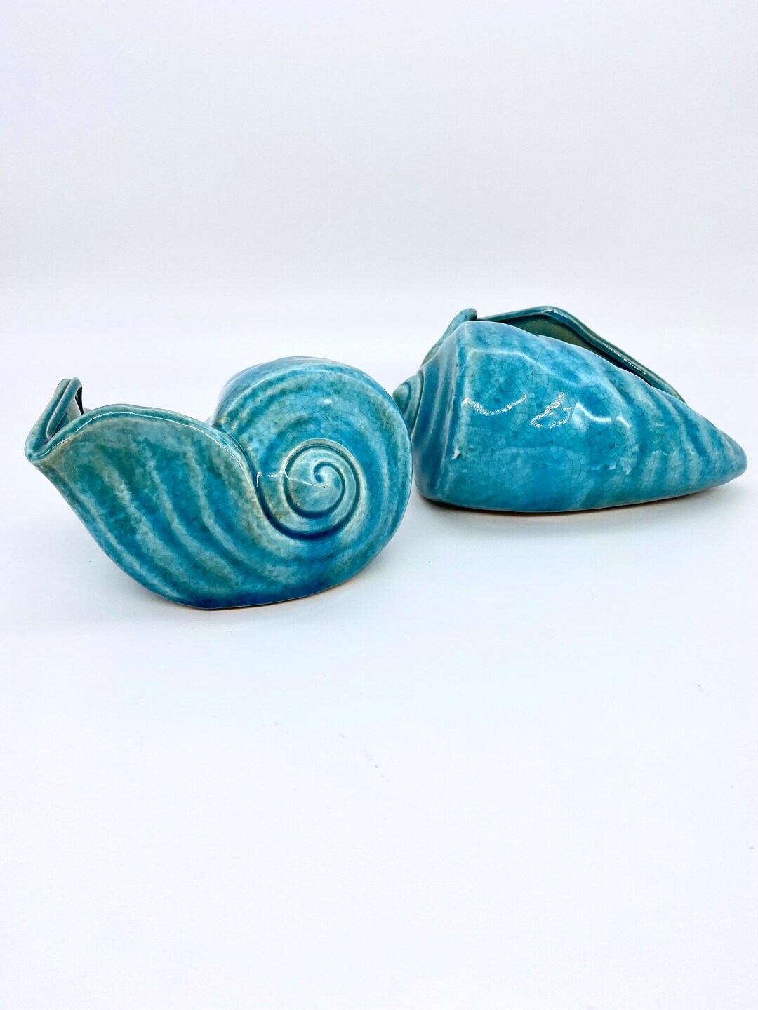 Turquoise Sea Shell Pottery Planters Pair Coastal Beach House - Etsy
