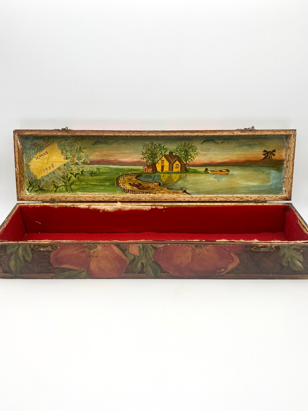 1908 Christmas Flemish Art Box W Hand Painted Scene Inside Pyrography ...