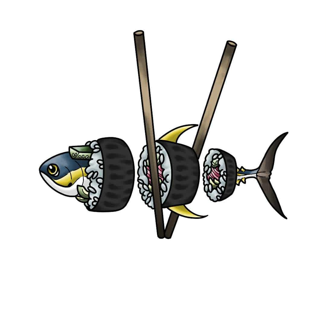 Cute Tuna Sushi Art Print – Smiling Fish Illustration Held by ...