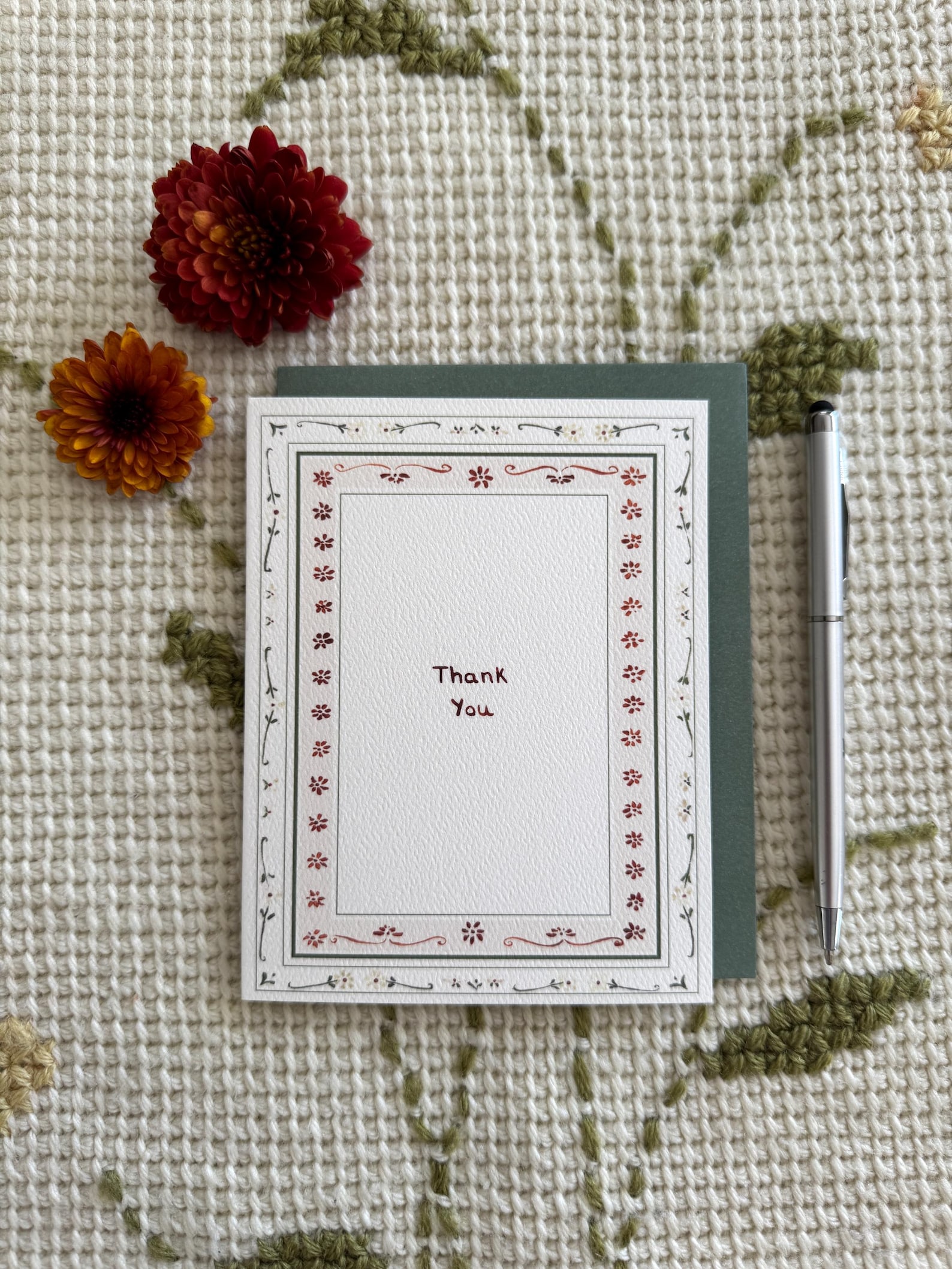 Floral Thank You Card, Vintage Border Greeting, Hand Illustrated ...