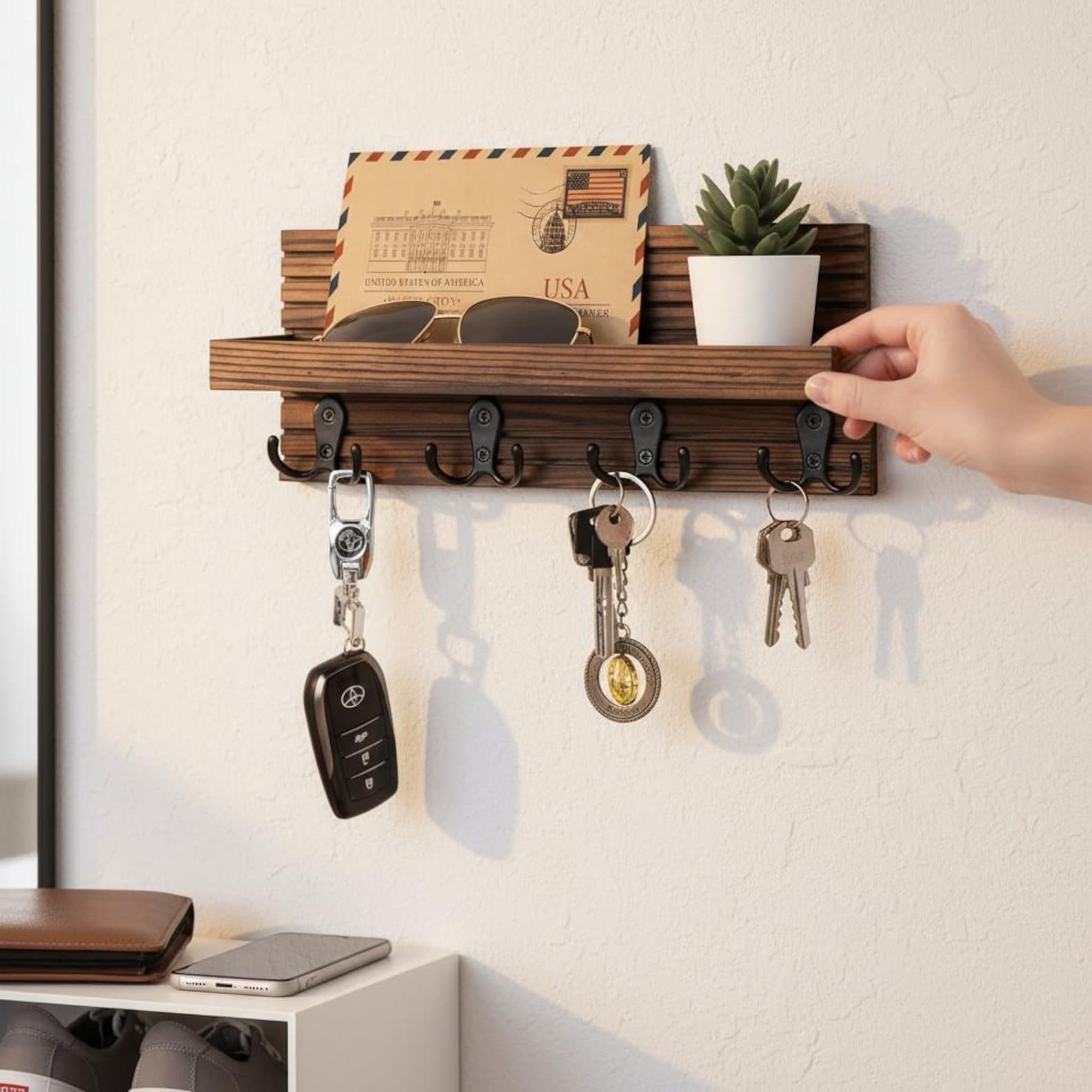 Rustic Wooden Key Holder With Shelf Wall Mounted Mail Organizer ...