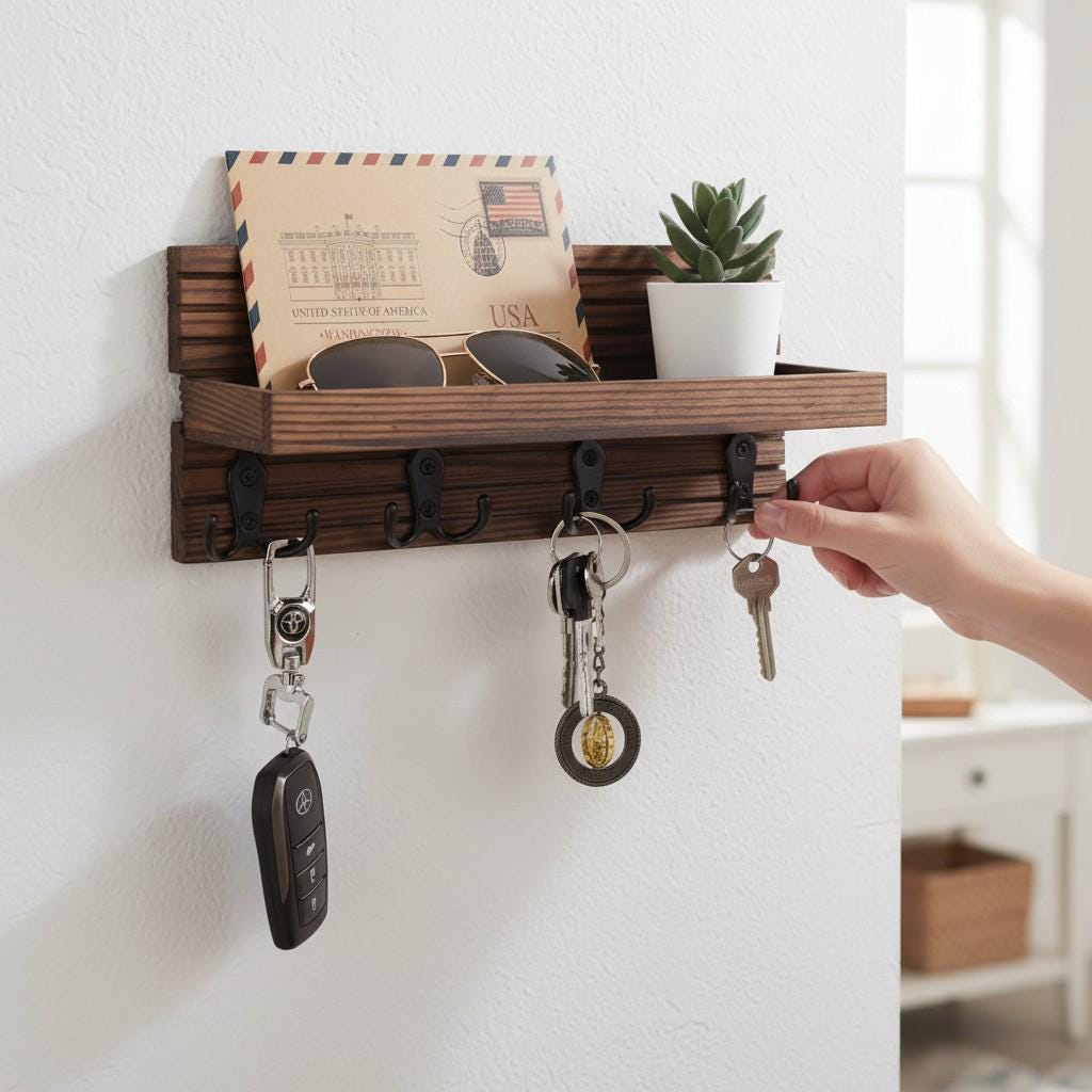 Rustic Wooden Key Holder With Shelf Wall Mounted Mail Organizer ...
