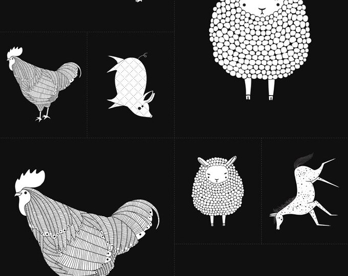 FARM Charm-panel Moda Fabric White Farm Animals on Black Cotton ...