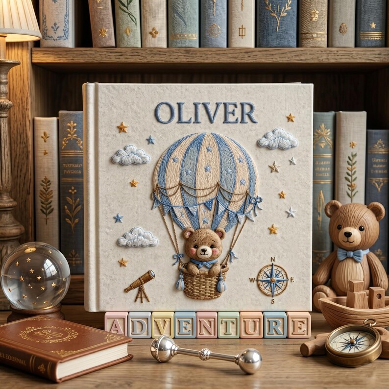 Personalized Animal Photo Album, Embroidered Linen Memory Book, First ...