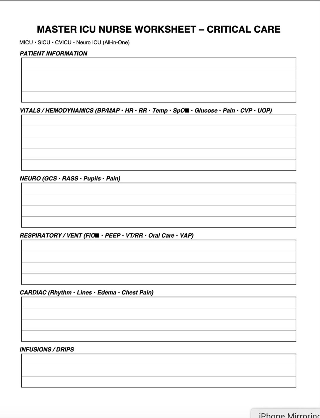 ICU Nursing Worksheet | Critical Care Patient Organizer | Shift Report ...