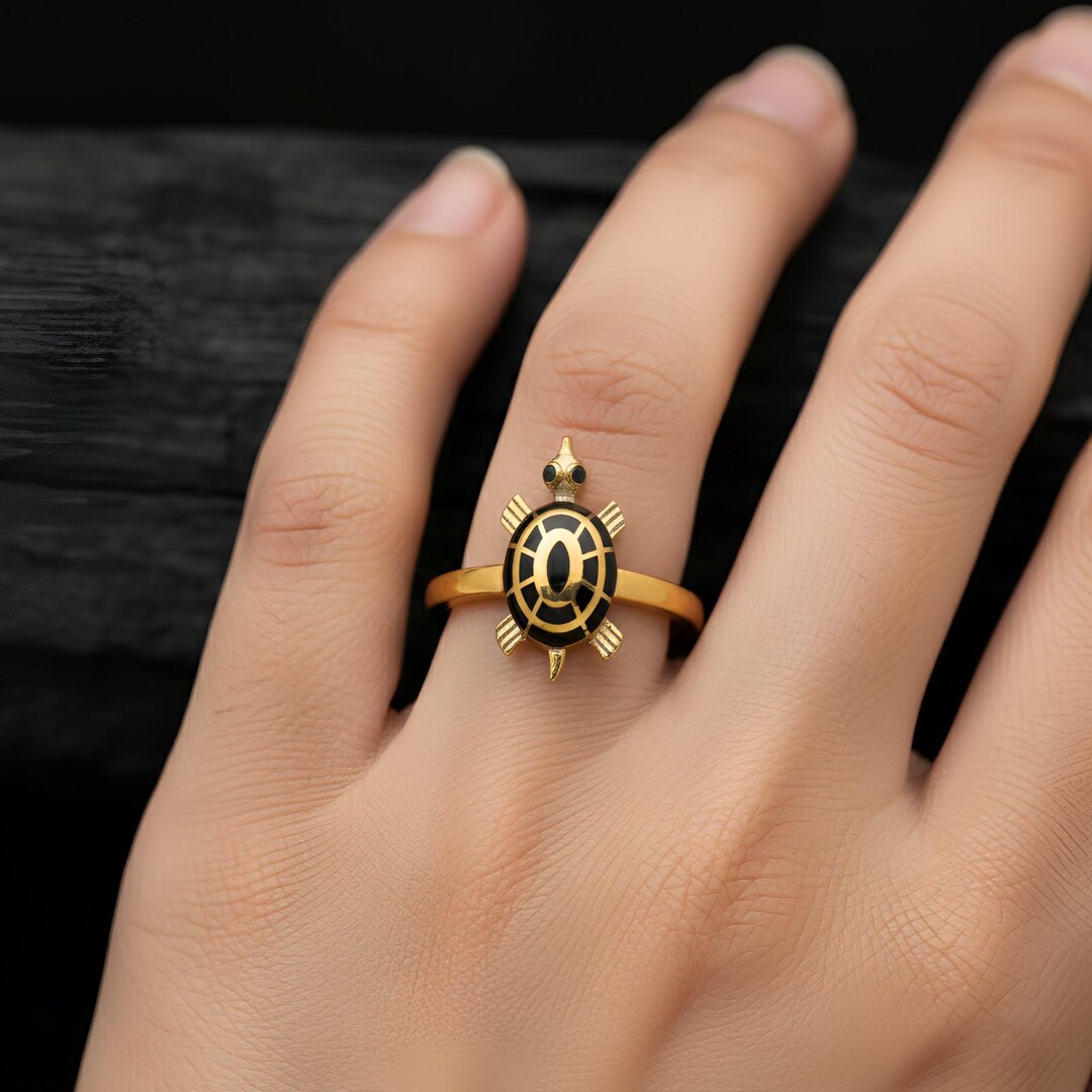 Golden Turtle Ring With Black Enamel | Symbolic Protection & Longevity ...