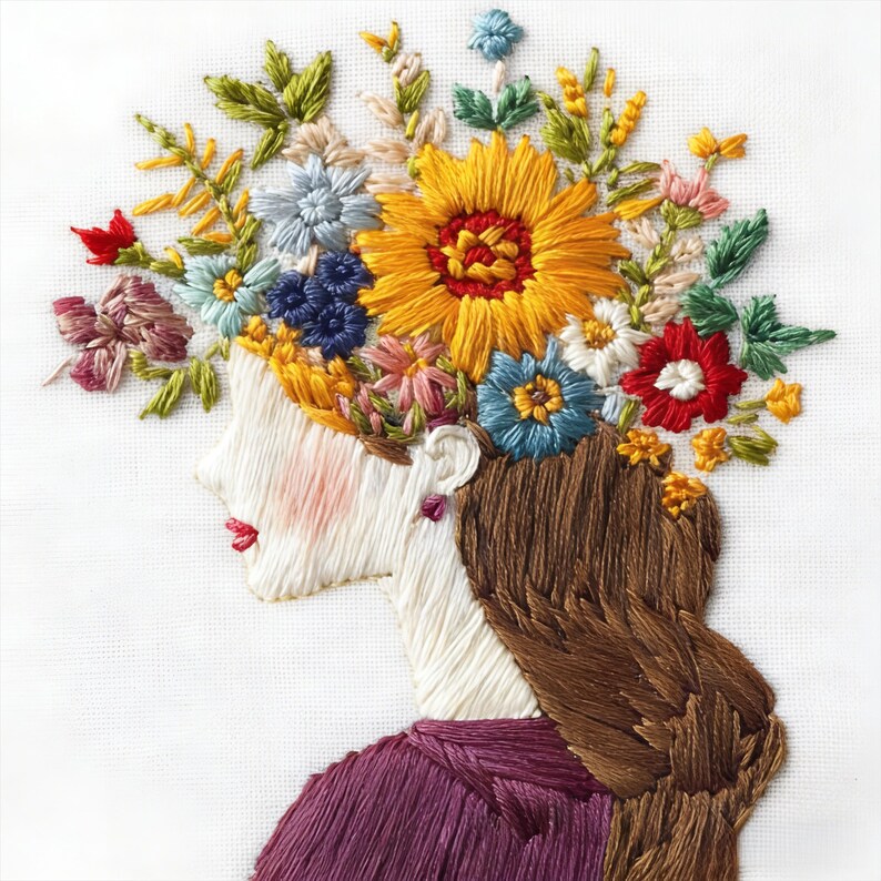 DIY Floral Head Girl T-shirt Embroidery Full Kit | Hand-stitched Boho ...