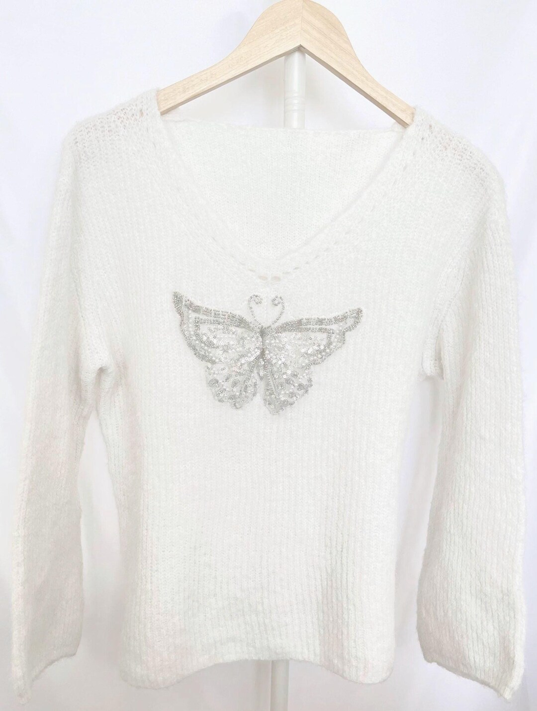 Sweater in White With Silver Butterfly Beaded Sequins, Sparkly Glitzy V ...