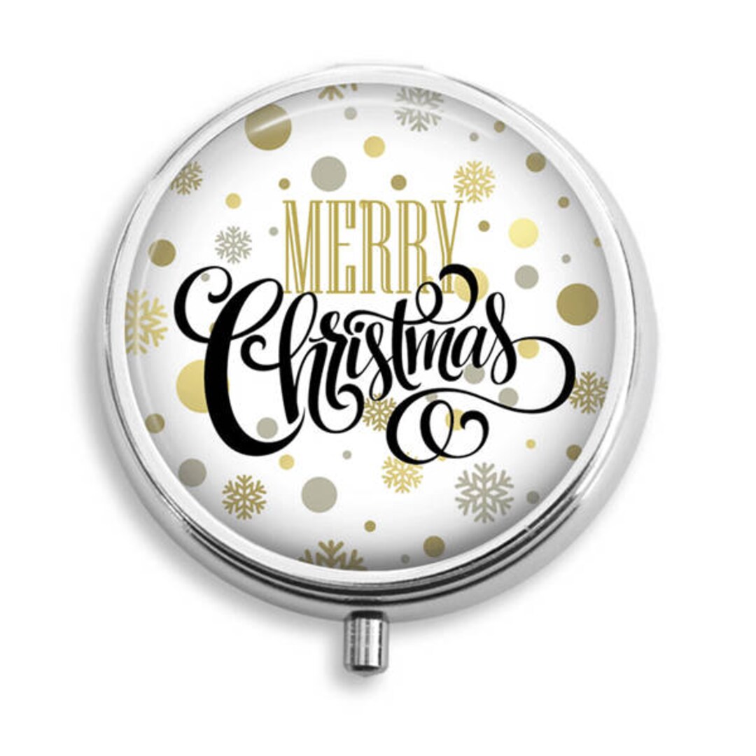 Pill Box Pill Case Merry Christmas Silver and Gold Pill Holder Pill ...