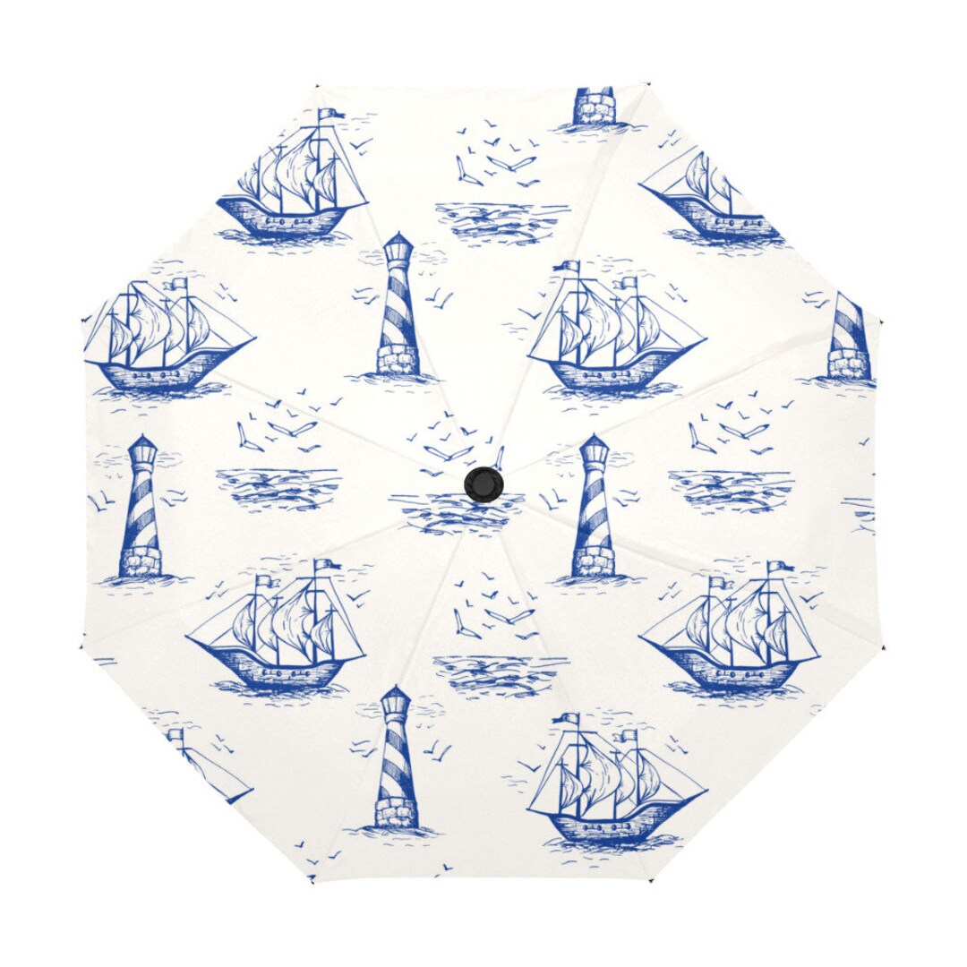 Rain Umbrella / Nautical Blue Ships and Lighthouses / Anti UV Automatic ...