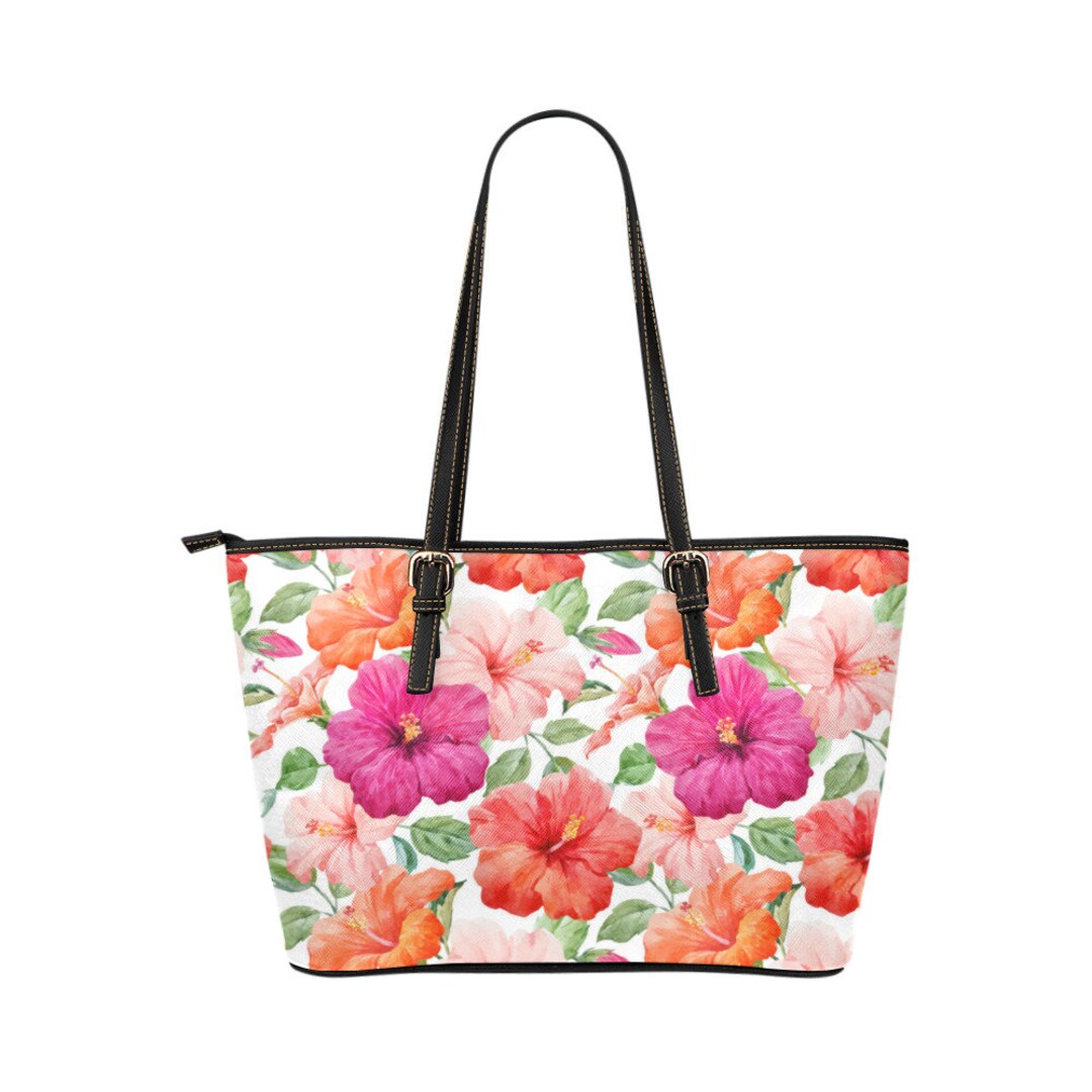 Leather Tote Bag, Pink Orange Flowers, Tropical Hibiscus, Shoulder Bag ...